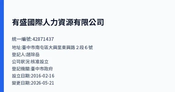 有盛國際人力資源有限公司的照片-統編 42871437(臺中市) 公司登記資料與營業項目詳細圖表