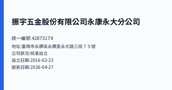 振宇五金股份有限公司永康永大分公司的照片-統編 42873174(臺南市) 公司登記資料與營業項目詳細圖表