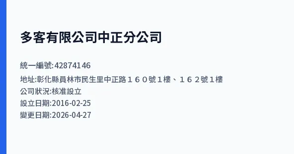 多客有限公司中正分公司的照片-統編 42874146(彰化縣) 公司登記資料與營業項目詳細圖表
