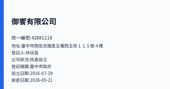 御饗有限公司的照片-統編 42881218(臺中市) 公司登記資料與營業項目詳細圖表
