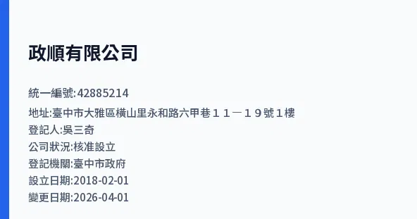 政順有限公司的照片-統編 42885214(臺中市) 公司登記資料與營業項目詳細圖表