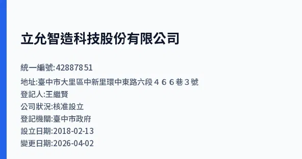 立允智造科技股份有限公司的照片-統編 42887851(臺中市) 公司登記資料與營業項目詳細圖表