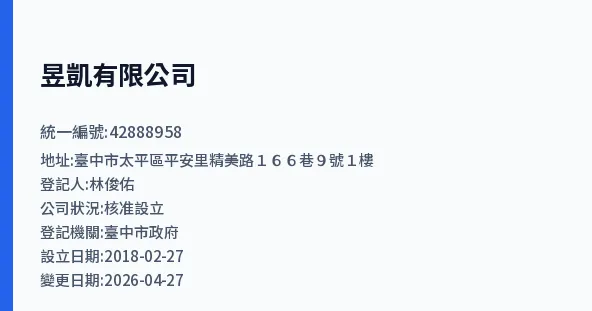 昱凱有限公司的照片-統編 42888958(臺中市) 公司登記資料與營業項目詳細圖表