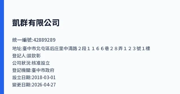 凱群有限公司的照片-統編 42889289(臺中市) 公司登記資料與營業項目詳細圖表