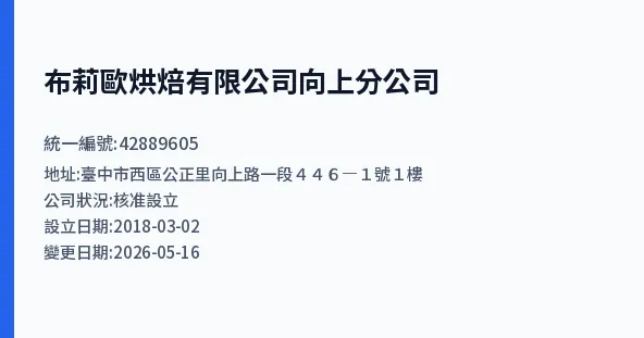 布莉歐烘焙有限公司向上分公司的照片-統編 42889605(臺中市) 公司登記資料與營業項目詳細圖表