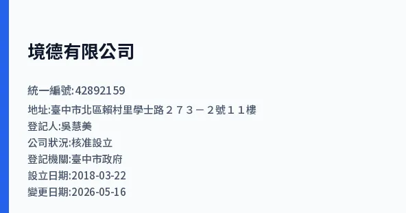 境德有限公司的照片-統編 42892159(臺中市) 公司登記資料與營業項目詳細圖表