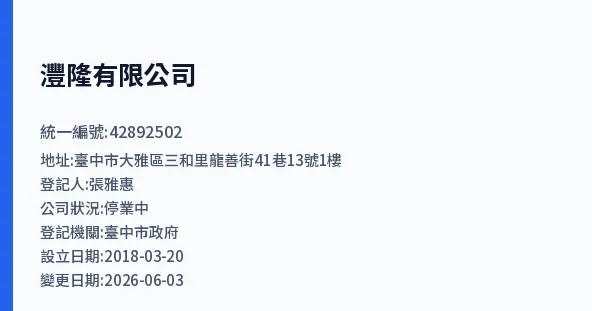 灃隆有限公司的照片-統編 42892502(臺中市) 公司登記資料與營業項目詳細圖表