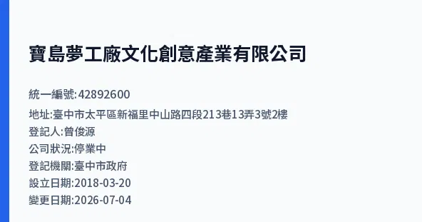 寶島夢工廠文化創意產業有限公司的照片-統編 42892600(臺中市) 公司登記資料與營業項目詳細圖表