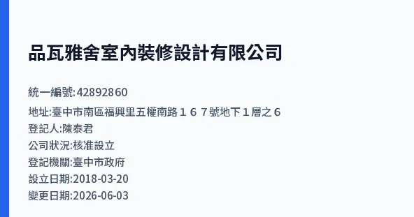 品瓦雅舍室內裝修設計有限公司的照片-統編 42892860(臺中市) 公司登記資料與營業項目詳細圖表