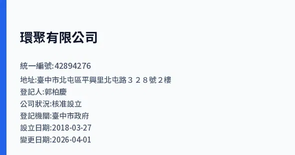 環聚有限公司的照片-統編 42894276(臺中市) 公司登記資料與營業項目詳細圖表
