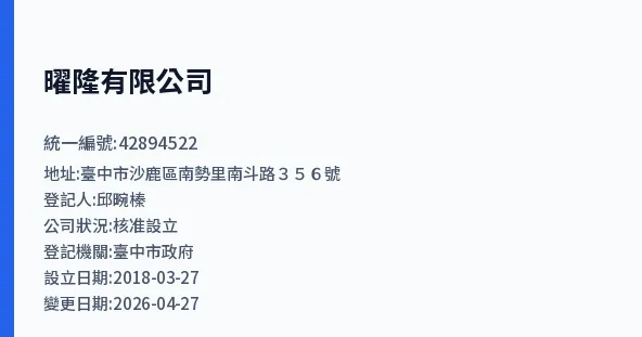 曜隆有限公司的照片-統編 42894522(臺中市) 公司登記資料與營業項目詳細圖表