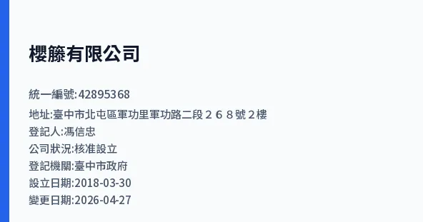 櫻籐有限公司的照片-統編 42895368(臺中市) 公司登記資料與營業項目詳細圖表