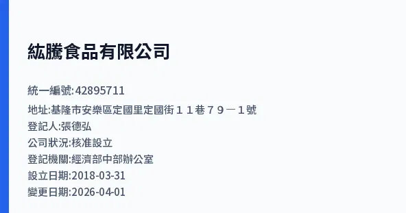 紘騰食品有限公司的照片-統編 42895711(基隆市) 公司登記資料與營業項目詳細圖表