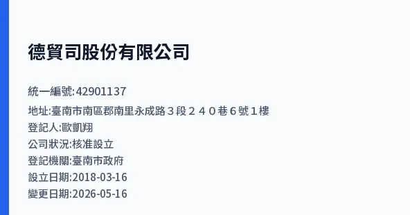 德貿司股份有限公司的照片-統編 42901137(臺南市) 公司登記資料與營業項目詳細圖表