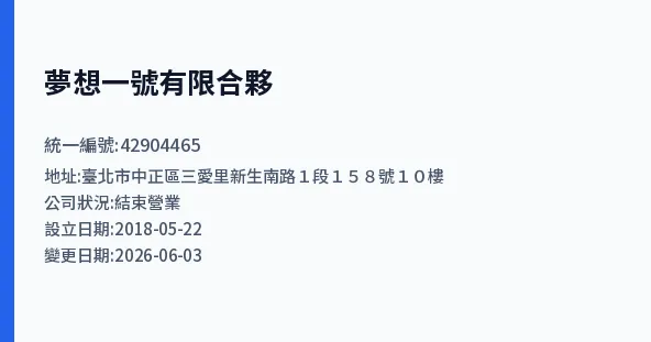 夢想一號有限合夥的照片-統編 42904465(臺北市) 公司登記資料與營業項目詳細圖表