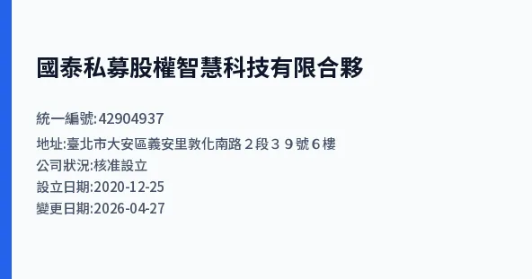 國泰私募股權智慧科技有限合夥的照片-統編 42904937(臺北市) 公司登記資料與營業項目詳細圖表