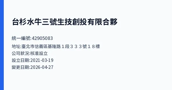 台杉水牛三號生技創投有限合夥的照片-統編 42905083(臺北市) 公司登記資料與營業項目詳細圖表
