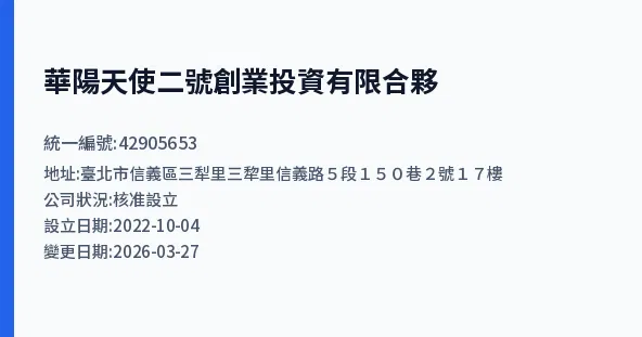 華陽天使二號創業投資有限合夥的照片-統編 42905653(臺北市) 公司登記資料與營業項目詳細圖表
