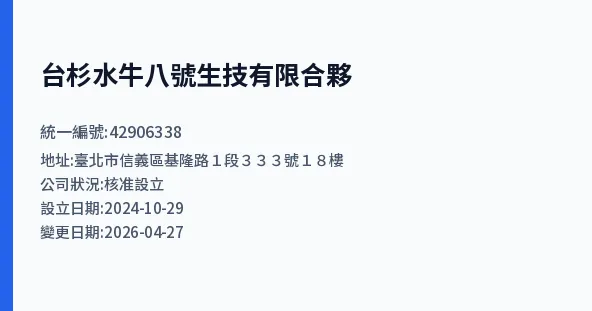 台杉水牛八號生技有限合夥的照片-統編 42906338(臺北市) 公司登記資料與營業項目詳細圖表