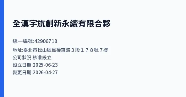 全漢宇斻創新永續有限合夥的照片-統編 42906718(臺北市) 公司登記資料與營業項目詳細圖表
