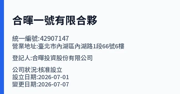 合暉一號有限合夥的照片-統編 42907147(臺北市) 公司登記資料與營業項目詳細圖表