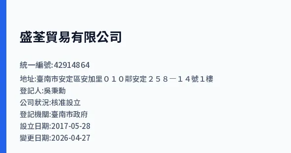 盛荃貿易有限公司的照片-統編 42914864(臺南市) 公司登記資料與營業項目詳細圖表