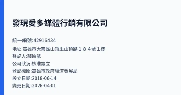 發現愛多媒體行銷有限公司的照片-統編 42916434(高雄市) 公司登記資料與營業項目詳細圖表