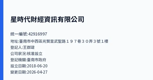 星時代財經資訊有限公司的照片-統編 42916997(臺南市) 公司登記資料與營業項目詳細圖表