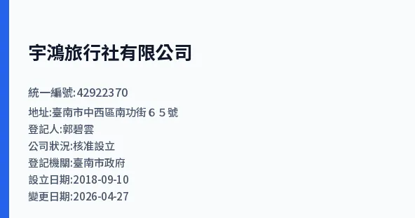 宇鴻旅行社有限公司的照片-統編 42922370(臺南市) 公司登記資料與營業項目詳細圖表