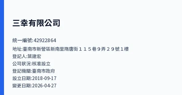 三幸有限公司的照片-統編 42922864(臺南市) 公司登記資料與營業項目詳細圖表