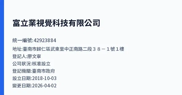 富立業視覺科技有限公司的照片-統編 42923884(臺南市) 公司登記資料與營業項目詳細圖表
