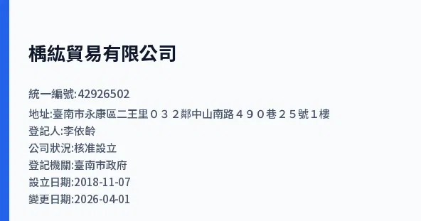 楀紘貿易有限公司的照片-統編 42926502(臺南市) 公司登記資料與營業項目詳細圖表