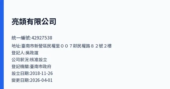 亮頡有限公司的照片-統編 42927538(臺南市) 公司登記資料與營業項目詳細圖表
