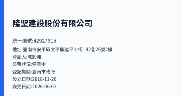 隆聖建設股份有限公司的照片-統編 42927615(臺南市) 公司登記資料與營業項目詳細圖表