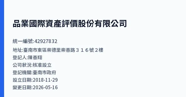 品業國際資產評價股份有限公司的照片-統編 42927832(臺南市) 公司登記資料與營業項目詳細圖表