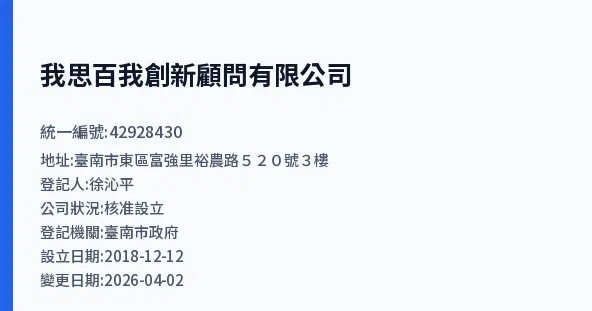 我思百我創新顧問有限公司的照片-統編 42928430(臺南市) 公司登記資料與營業項目詳細圖表