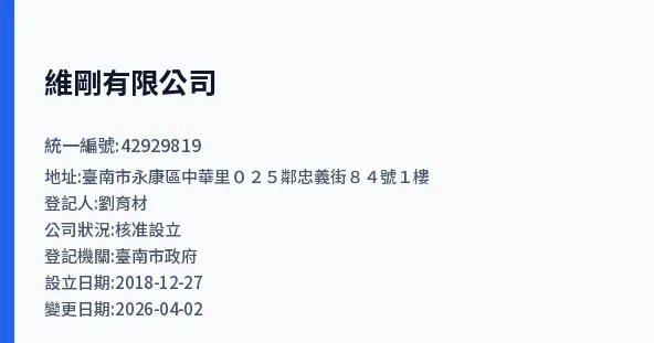 維剛有限公司的照片-統編 42929819(臺南市) 公司登記資料與營業項目詳細圖表