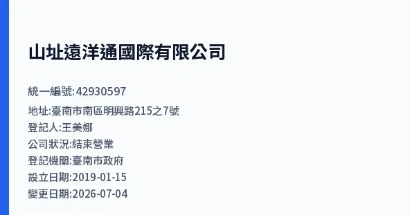 山址遠洋通國際有限公司的照片-統編 42930597(臺南市) 公司登記資料與營業項目詳細圖表