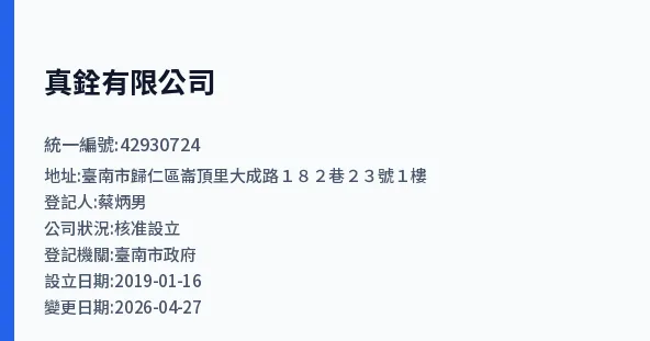 真銓有限公司的照片-統編 42930724(臺南市) 公司登記資料與營業項目詳細圖表