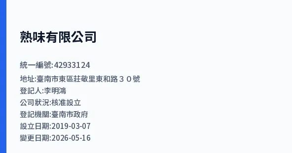 熟味有限公司的照片-統編 42933124(臺南市) 公司登記資料與營業項目詳細圖表