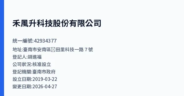禾風升科技股份有限公司的照片-統編 42934377(臺南市) 公司登記資料與營業項目詳細圖表