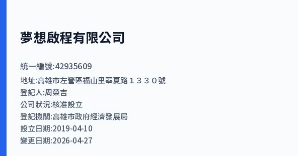 夢想啟程有限公司的照片-統編 42935609(高雄市) 公司登記資料與營業項目詳細圖表
