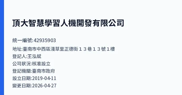 頂大智慧學習人機開發有限公司的照片-統編 42935903(臺南市) 公司登記資料與營業項目詳細圖表