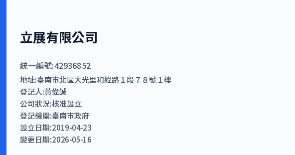 立展有限公司的照片-統編 42936852(臺南市) 公司登記資料與營業項目詳細圖表