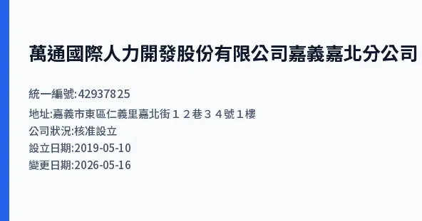 萬通國際人力開發股份有限公司嘉義嘉北分公司的照片-統編 42937825(嘉義市) 公司登記資料與營業項目詳細圖表