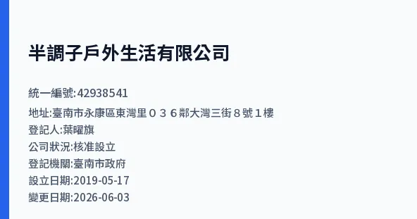 半調子戶外生活有限公司的照片-統編 42938541(臺南市) 公司登記資料與營業項目詳細圖表