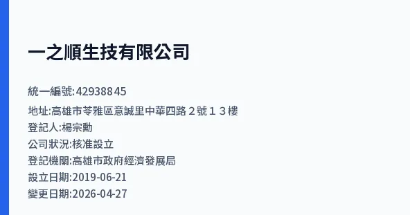 一之順生技有限公司的照片-統編 42938845(高雄市) 公司登記資料與營業項目詳細圖表