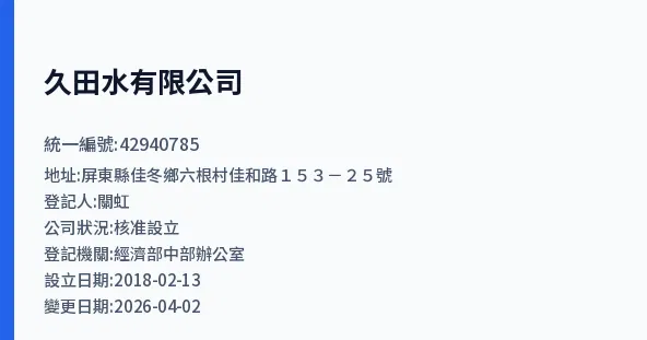 久田水有限公司的照片-統編 42940785(屏東縣) 公司登記資料與營業項目詳細圖表