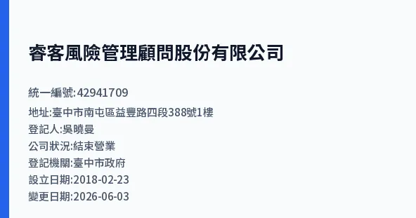 睿客風險管理顧問股份有限公司的照片-統編 42941709(臺中市) 公司登記資料與營業項目詳細圖表