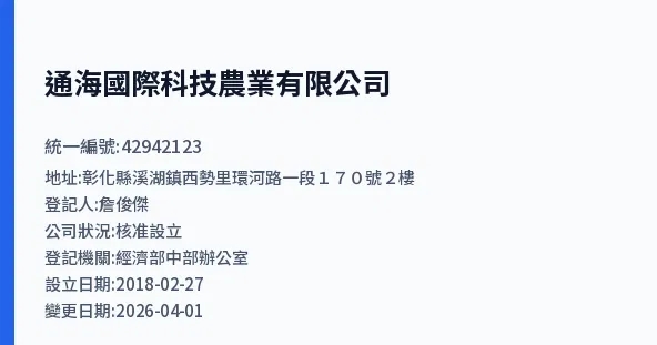 通海國際科技農業有限公司的照片-統編 42942123(彰化縣) 公司登記資料與營業項目詳細圖表